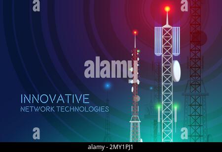 Communication towers background with editable text and view of cellular towers with spreading ...
