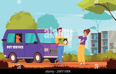 Pet service cartoon scene with courier carrying cat carrier vector ...