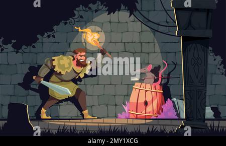 Medieval castle dungeon cartoon composition with stone and wood ...
