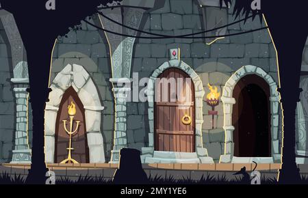Medieval castle dungeon cartoon composition with stone and wood ...