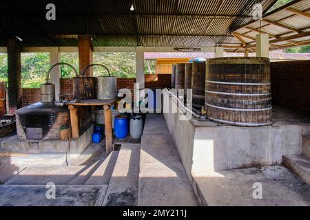 Part of the traditional process of distilling brandy from sugar cane, a ...