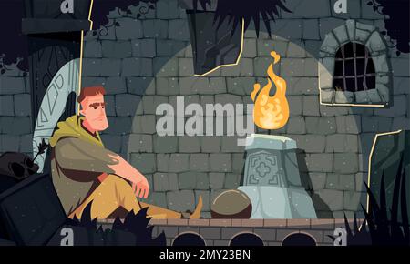 Medieval dungeon cartoon poster with prisoner in castle basement vector ...