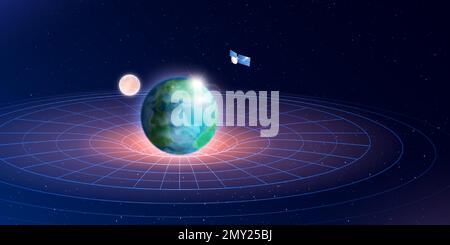 3d shapes composition with set of stars planets and radial grid showing ...