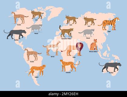 Wild cats world map flat composition with map of world with icons of ...