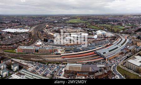 Aerial view of a railway yard, including tracks and industrial ...