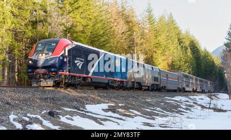 Skykomish, WA, USA - February 1, 2023; BNSF freight train decending the Washington Cascade ...