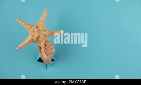 A hand with a starfish sticking out of a hole in a blue cardboard ...