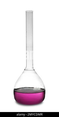 Glass boiling flask with purple liquid sample isolated on white ...