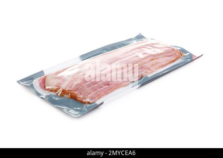 Fresh raw bacon in package on white background, top view Stock Photo ...