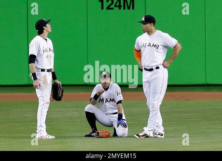(F-B) Ichiro Suzuki, Christian Yelich (Marlins), JUNE 15, 2016 - MLB : Ichiro Suzuki (front) of ...