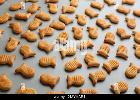 Delicious goldfish crackers on grey table, closeup Stock Photo - Alamy
