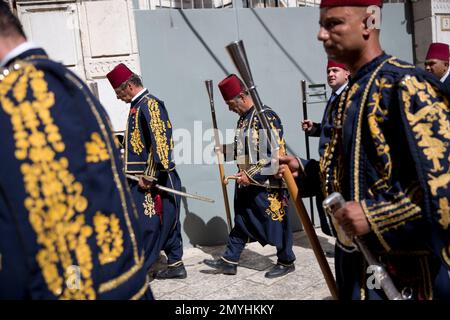 Muslim consular guards, also known as “Kawas” wearing red tarboosh hats ...