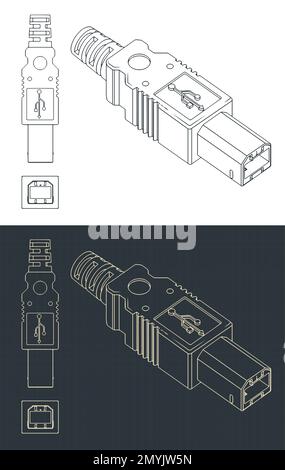 Stylized vector illustrations of blueprints of USB mini male plug Stock ...