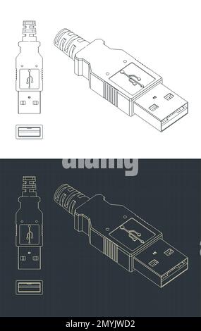 Stylized vector illustration of blueprints of USB fash drive blueprints ...