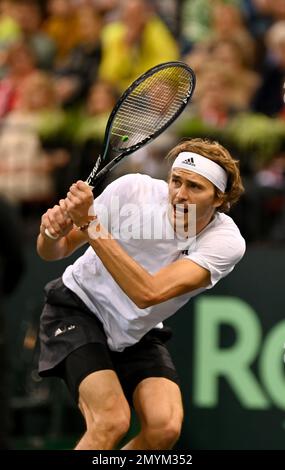 Alexander Zverev, of Germany plays a backhand return to Daniil Medvedev ...