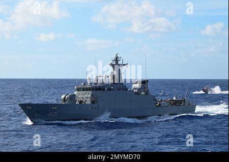 The crew of USCGC Stone (WMSL 758) man the rails during a commissioning ...