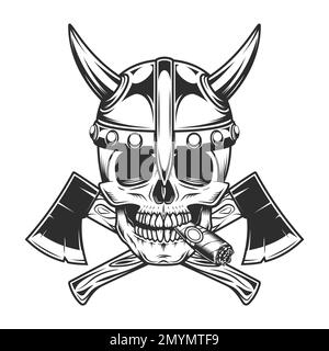 Viking vintage emblem with skull smoking cigar or cigarette smoke ...