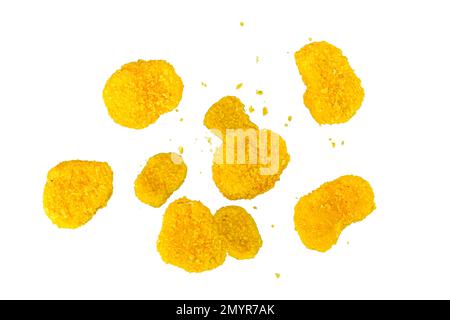 Falling chicken nuggets isolated on a white background, clipping path ...