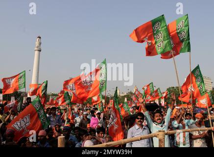 Flags of the Bharatiya Janata Party, with lotus, and the Janata Dal ...