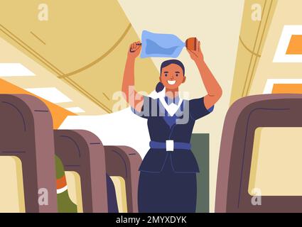 Flight attendant showing oxygen mask. Cabin crew safety demonstration ...