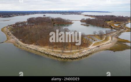 A high-angle of Greenwich CT island on a gloomy day, cloudy sky ...