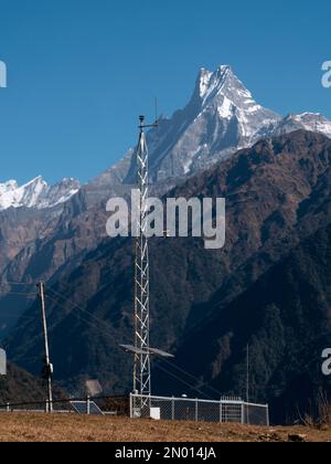 Nepal. Vertical view of Mt Fishtail Machapuchare in the Himalaya range, Annapurna Santuary Trek ...