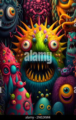Surreal colorful fluffy creatures monsters, many toothy and big-eyed ...