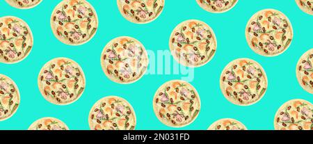 Collage of tasty seafood pizza on table, top view Stock Photo - Alamy