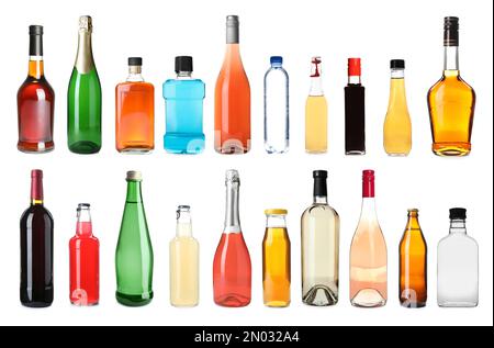 Set of bottles with different liquids on white background. Banner ...