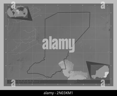 Diffa, department of Niger. Grayscale elevation map with lakes and ...