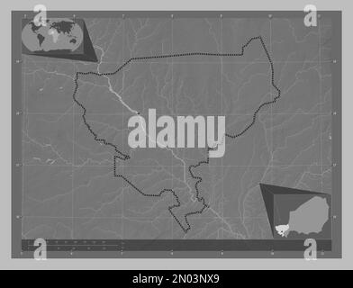 Tillabery, department of Niger. Grayscale elevation map with lakes and ...