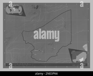Zinder, department of Niger. Grayscale elevation map with lakes and ...