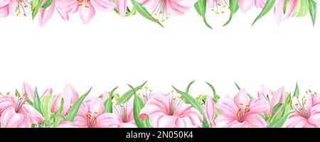 Handdrawn Watercolor pink lily flower with green leaves on the white ...