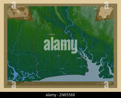 Akwa Ibom, state of Nigeria. Colored elevation map with lakes and ...