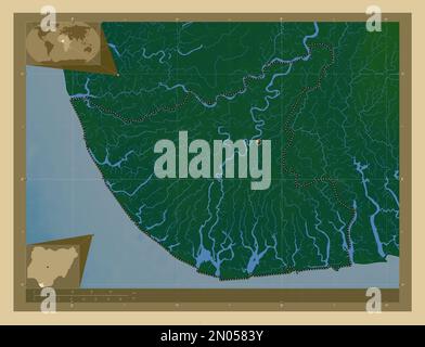 Bayelsa, state of Nigeria. Colored elevation map with lakes and rivers ...