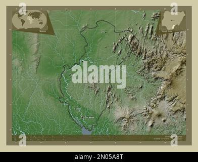 Cross River, state of Nigeria. Colored elevation map with lakes and ...
