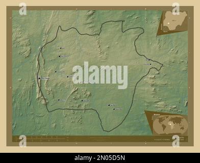 Ekiti, state of Nigeria. Colored elevation map with lakes and rivers ...