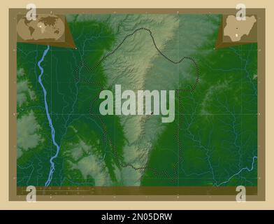 Enugu, state of Nigeria. Colored elevation map with lakes and rivers ...
