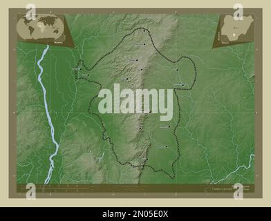Enugu, state of Nigeria. Colored elevation map with lakes and rivers ...