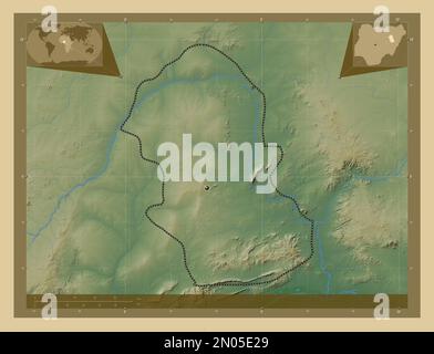 Gombe, state of Nigeria. Colored elevation map with lakes and rivers ...