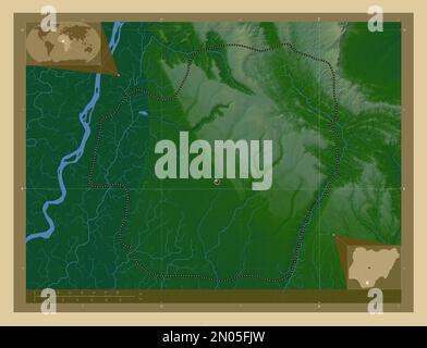 Imo, state of Nigeria. Colored elevation map with lakes and rivers ...