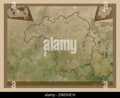 Kaduna, state of Nigeria. Low resolution satellite map. Locations of ...