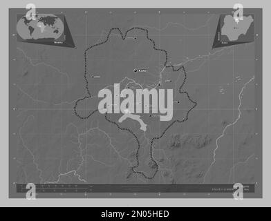 Kano, state of Nigeria. Grayscale elevation map with lakes and rivers ...