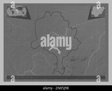 Kano, state of Nigeria. Grayscale elevation map with lakes and rivers ...