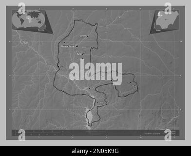 Kebbi, state of Nigeria. Grayscale elevation map with lakes and rivers ...