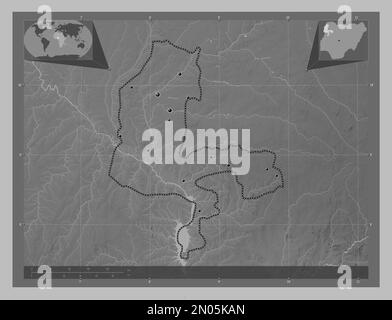 Kebbi, state of Nigeria. Grayscale elevation map with lakes and rivers ...
