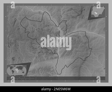 Kogi, state of Nigeria. Grayscale elevation map with lakes and rivers ...