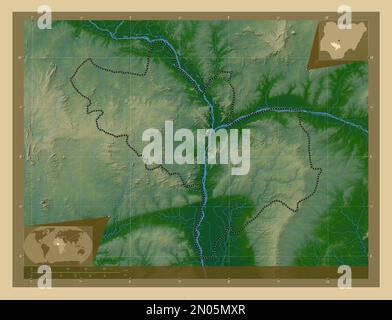 Kogi, state of Nigeria. Colored elevation map with lakes and rivers ...