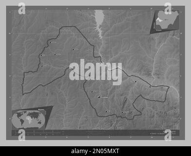 Kwara, state of Nigeria. Grayscale elevation map with lakes and rivers ...