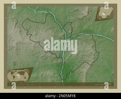 Kogi, state of Nigeria. Colored elevation map with lakes and rivers ...